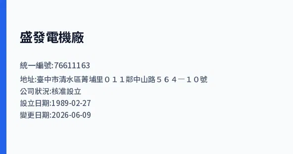 盛發電機廠的照片-統編 76611163(臺中市) 公司登記資料與營業項目詳細圖表