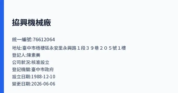 拹興機械廠的照片-統編 76612064(臺中市) 公司登記資料與營業項目詳細圖表