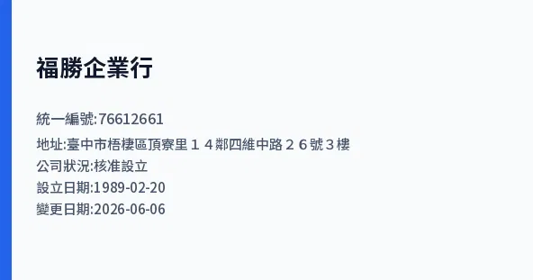福勝企業行的照片-統編 76612661(臺中市) 公司登記資料與營業項目詳細圖表