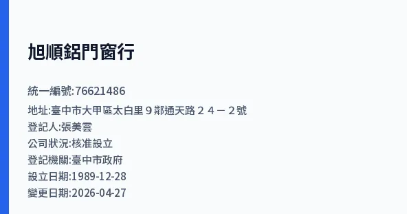 旭順鋁門窗行的照片-統編 76621486(臺中市) 公司登記資料與營業項目詳細圖表