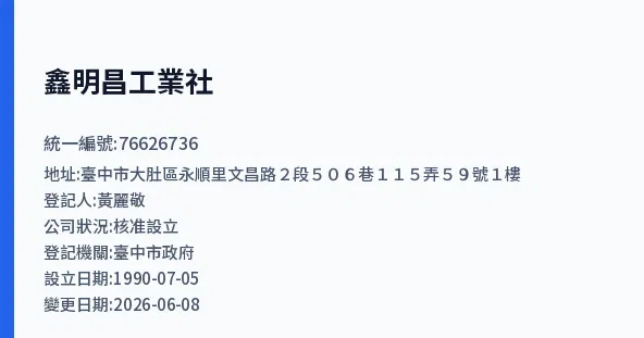 鑫明昌工業社的照片-統編 76626736(臺中市) 公司登記資料與營業項目詳細圖表