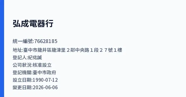 弘成電器行的照片-統編 76628185(臺中市) 公司登記資料與營業項目詳細圖表