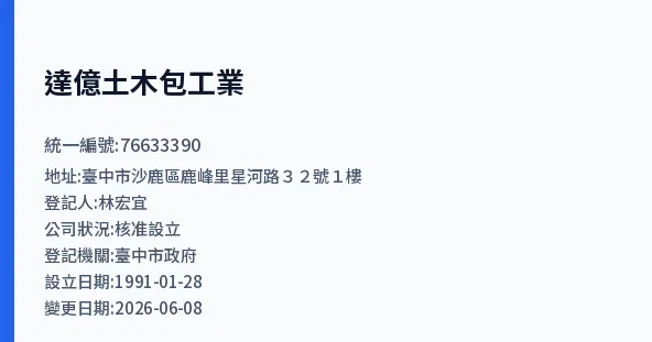 達億土木包工業的照片-統編 76633390(臺中市) 公司登記資料與營業項目詳細圖表