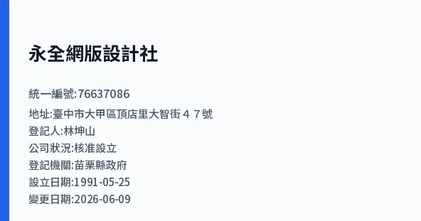 永全網版設計社的照片-統編 76637086(臺中市) 公司登記資料與營業項目詳細圖表