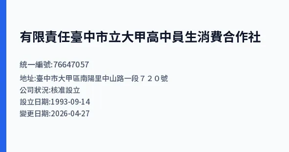 有限責任臺中市立大甲高中員生消費合作社的照片-統編 76647057(臺中市) 公司登記資料與營業項目詳細圖表