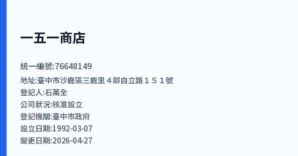 一五一商店的照片-統編 76648149(臺中市) 公司登記資料與營業項目詳細圖表