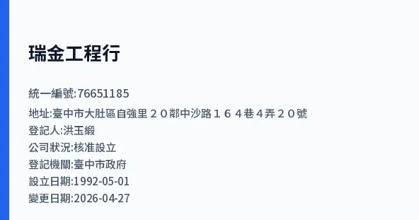 瑞金工程行的照片-統編 76651185(臺中市) 公司登記資料與營業項目詳細圖表