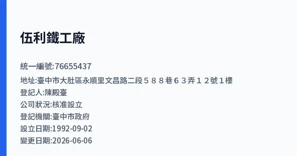 伍利鐵工廠的照片-統編 76655437(臺中市) 公司登記資料與營業項目詳細圖表