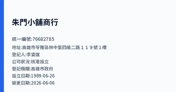 朱門小舖商行的照片-統編 76682785(高雄市) 公司登記資料與營業項目詳細圖表