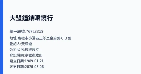 大盟鐘錶眼鏡行的照片-統編 76723358(高雄市) 公司登記資料與營業項目詳細圖表