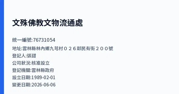 文殊佛教文物流通處的照片-統編 76731054(雲林縣) 公司登記資料與營業項目詳細圖表