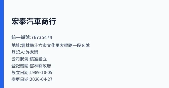 宏泰汽車商行的照片-統編 76735474(雲林縣) 公司登記資料與營業項目詳細圖表