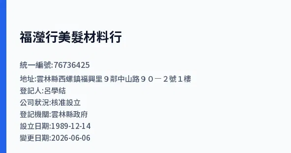 福瀅行美髮材料行的照片-統編 76736425(雲林縣) 公司登記資料與營業項目詳細圖表