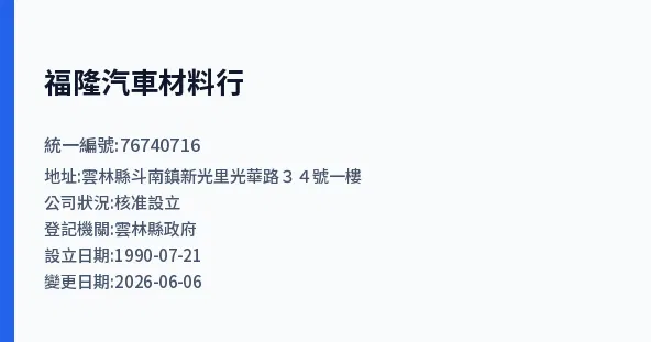 福隆汽車材料行的照片-統編 76740716(雲林縣) 公司登記資料與營業項目詳細圖表