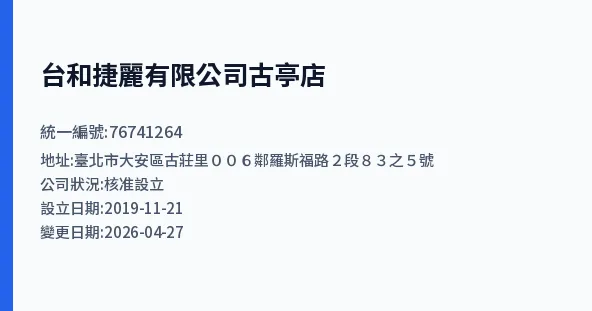 台和捷麗有限公司古亭店的照片-統編 76741264(臺北市) 公司登記資料與營業項目詳細圖表