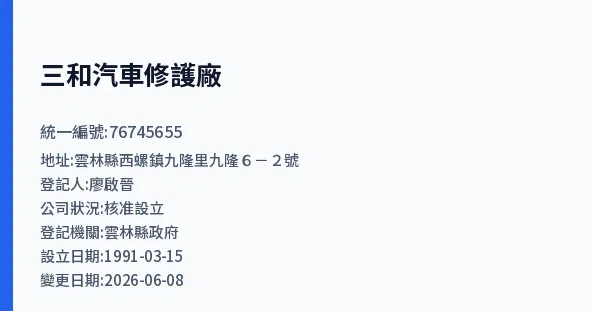 三和汽車修護廠的照片-統編 76745655(雲林縣) 公司登記資料與營業項目詳細圖表