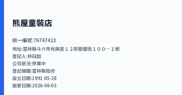 熊屋童裝店的照片-統編 76747422(雲林縣) 公司登記資料與營業項目詳細圖表