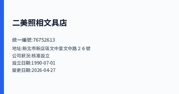 二美照相文具店的照片-統編 76752613(新北市) 公司登記資料與營業項目詳細圖表