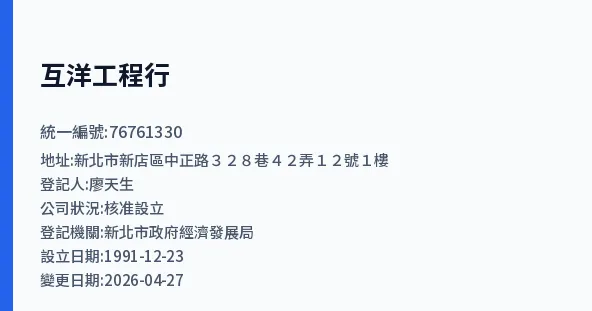 互洋工程行的照片-統編 76761330(新北市) 公司登記資料與營業項目詳細圖表