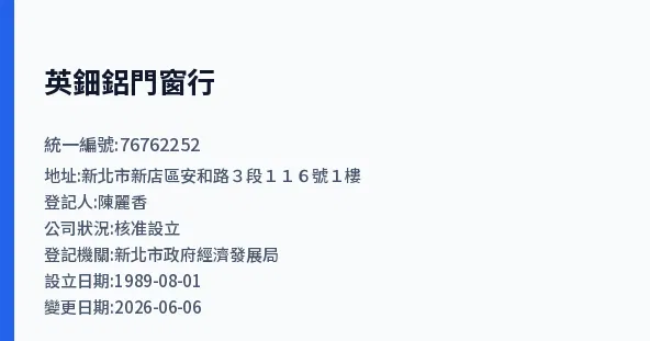 英鈿鋁門窗行的照片-統編 76762252(新北市) 公司登記資料與營業項目詳細圖表
