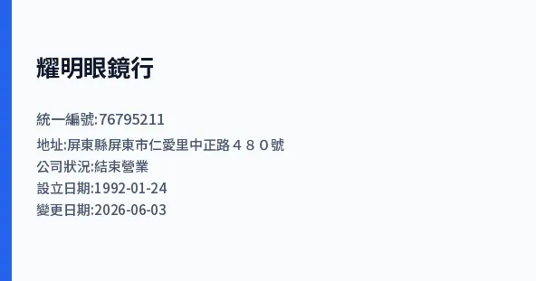 耀明眼鏡行的照片-統編 76795211(屏東縣) 公司登記資料與營業項目詳細圖表