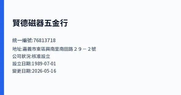 賢德磁器五金行的照片-統編 76813718(嘉義市) 公司登記資料與營業項目詳細圖表