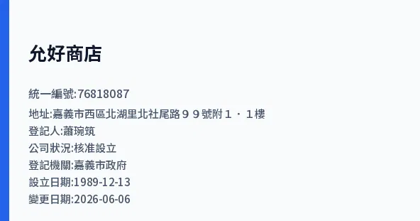 允好商店的照片-統編 76818087(嘉義市) 公司登記資料與營業項目詳細圖表