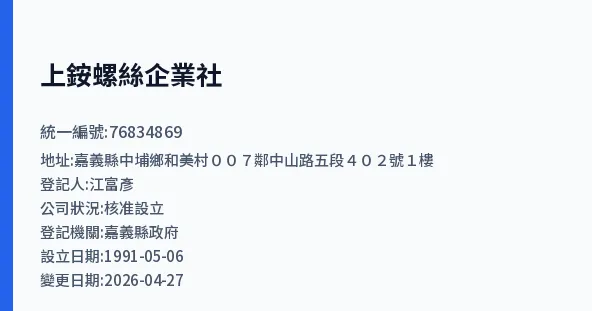上銨螺絲企業社的照片-統編 76834869(嘉義縣) 公司登記資料與營業項目詳細圖表