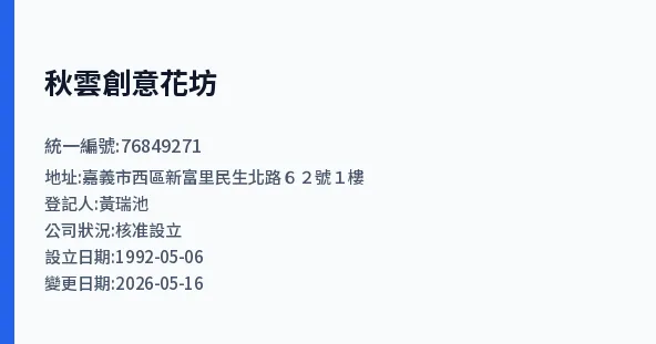 秋雲創意花坊的照片-統編 76849271(嘉義市) 公司登記資料與營業項目詳細圖表