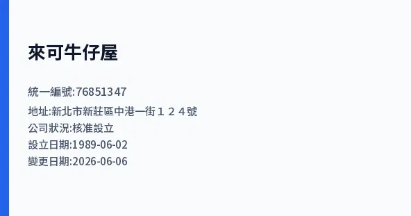 來可牛仔屋的照片-統編 76851347(新北市) 公司登記資料與營業項目詳細圖表