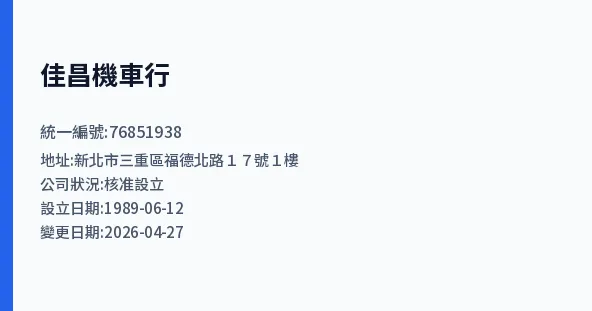 佳昌機車行的照片-統編 76851938(新北市) 公司登記資料與營業項目詳細圖表
