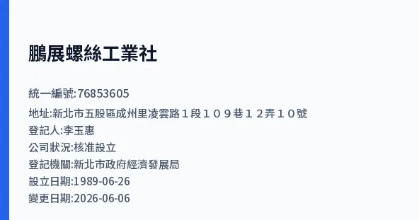 鵬展螺絲工業社的照片-統編 76853605(新北市) 公司登記資料與營業項目詳細圖表