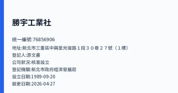 勝宇工業社的照片-統編 76856906(新北市) 公司登記資料與營業項目詳細圖表