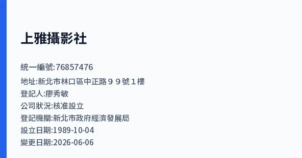 上雅攝影社的照片-統編 76857476(新北市) 公司登記資料與營業項目詳細圖表