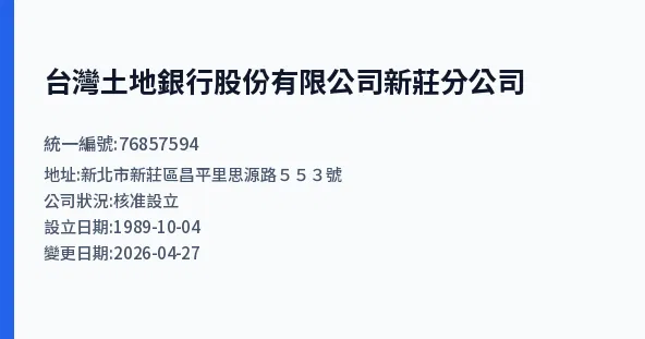 台灣土地銀行股份有限公司新莊分公司的照片-統編 76857594(新北市) 公司登記資料與營業項目詳細圖表