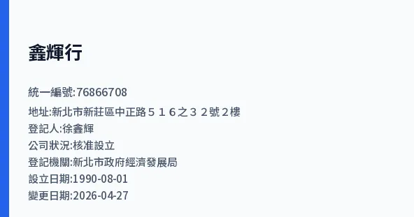 錱輝行的照片-統編 76866708(新北市) 公司登記資料與營業項目詳細圖表