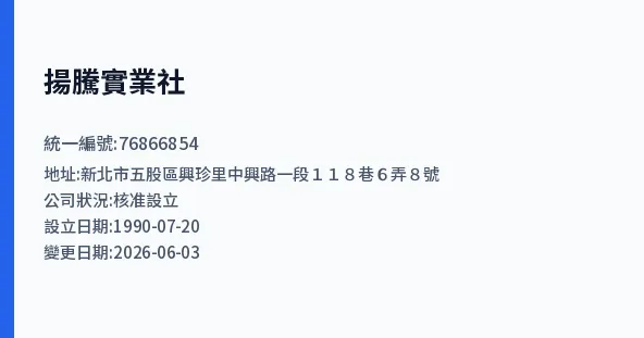 揚騰實業社的照片-統編 76866854(新北市) 公司登記資料與營業項目詳細圖表
