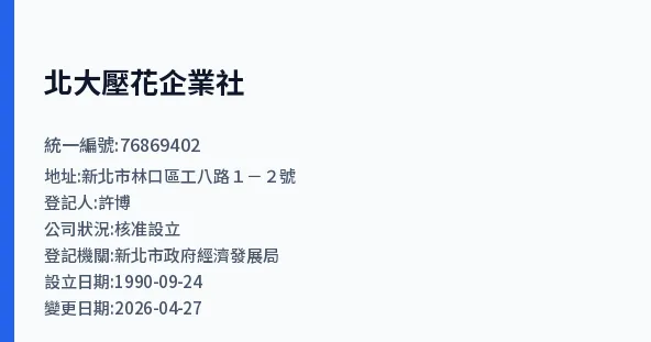 北大壓花企業社的照片-統編 76869402(新北市) 公司登記資料與營業項目詳細圖表