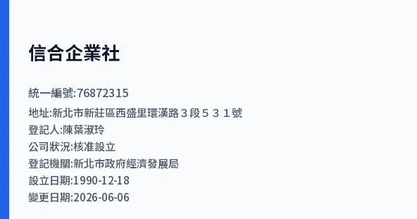 信合企業社的照片-統編 76872315(新北市) 公司登記資料與營業項目詳細圖表