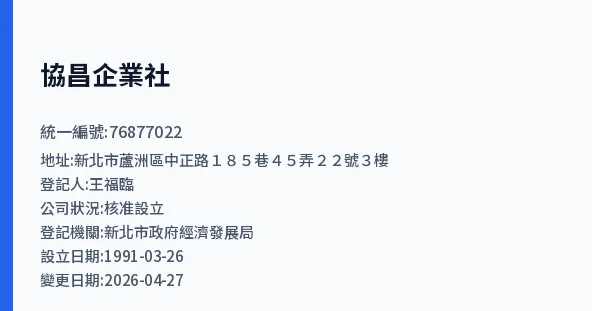 協昌企業社的照片-統編 76877022(新北市) 公司登記資料與營業項目詳細圖表