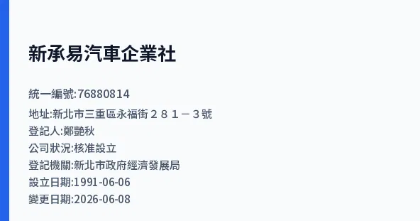 新承易汽車企業社的照片-統編 76880814(新北市) 公司登記資料與營業項目詳細圖表