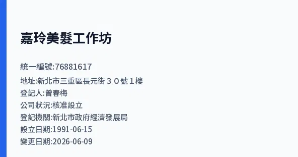嘉玲美髮工作坊的照片-統編 76881617(新北市) 公司登記資料與營業項目詳細圖表