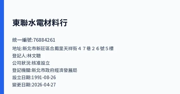 東聯水電材料行的照片-統編 76884261(新北市) 公司登記資料與營業項目詳細圖表