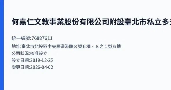 何嘉仁文教事業股份有限公司附設臺北市私立多元學習文理短期補習班的照片-統編 76887611(臺北市) 公司登記資料與營業項目詳細圖表
