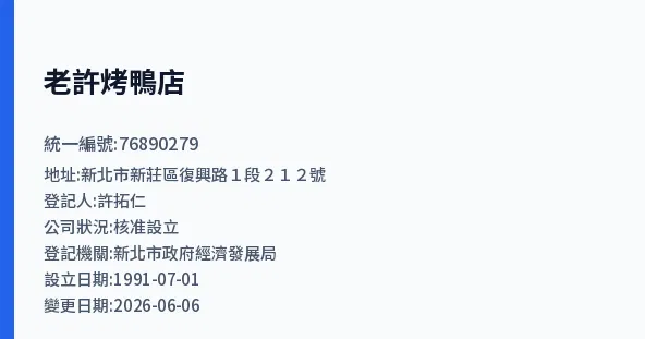 老許烤鴨店的照片-統編 76890279(新北市) 公司登記資料與營業項目詳細圖表