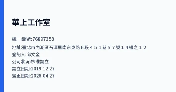 華上工作室的照片-統編 76897358(臺北市) 公司登記資料與營業項目詳細圖表