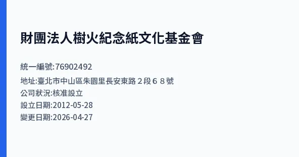 財團法人樹火紀念紙文化基金會的照片-統編 76902492(臺北市) 公司登記資料與營業項目詳細圖表