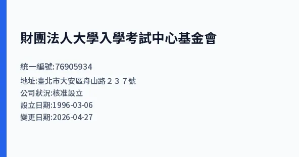 財團法人大學入學考試中心基金會的照片-統編 76905934(臺北市) 公司登記資料與營業項目詳細圖表