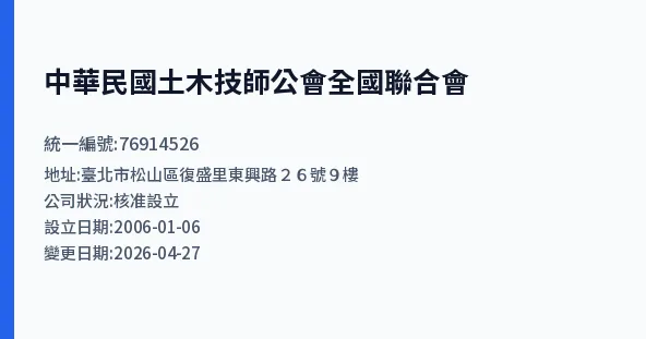 中華民國土木技師公會全國聯合會的照片-統編 76914526(臺北市) 公司登記資料與營業項目詳細圖表