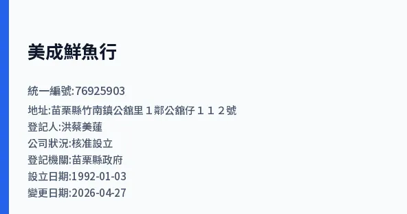 美成鮮魚行的照片-統編 76925903(苗栗縣) 公司登記資料與營業項目詳細圖表